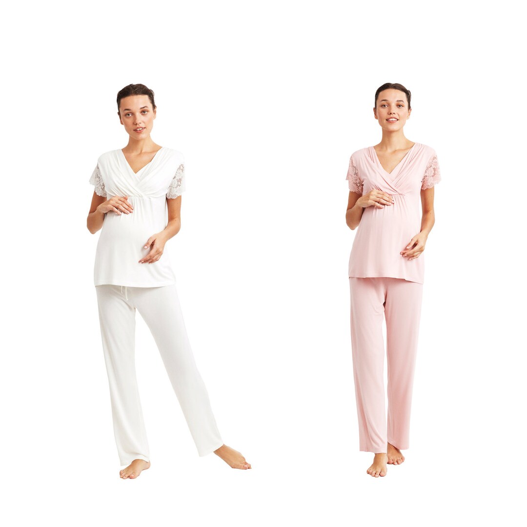 Long Pant Maternity Pajama Sets With Lace Sleeve - -stretchy and ...
