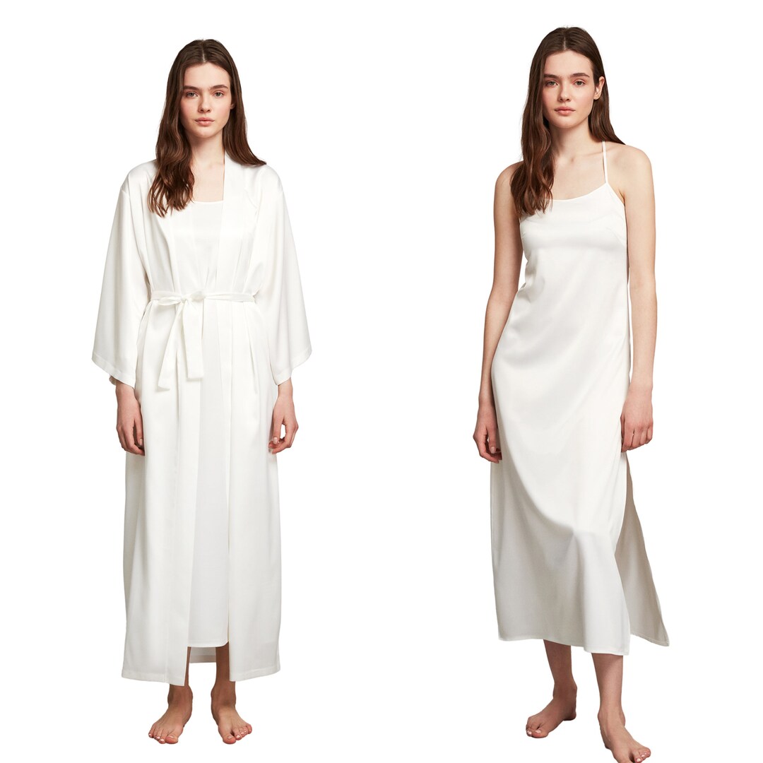 Plain White Long Robe and Nightshirt Set - Bridal Floor Length Robe and ...