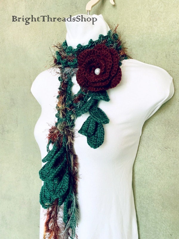 Elegant Crochet Lariat Dark Green Crochet Flower Scarf Wine Rosa ...