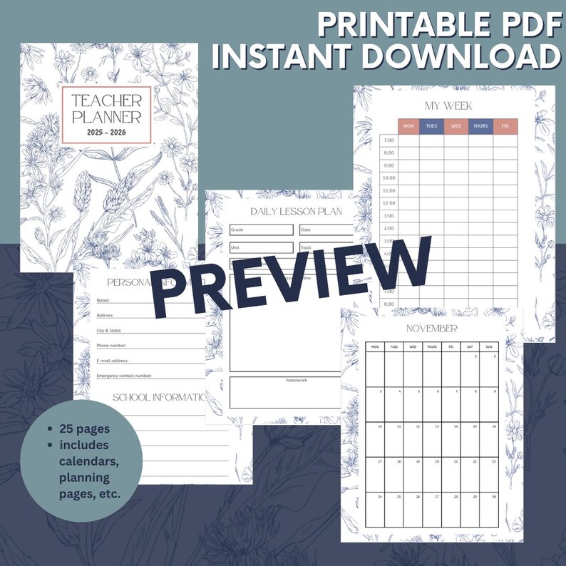 Printable PDF Blue Floral Teacher Planner: 2025-2026 School Year - Etsy
