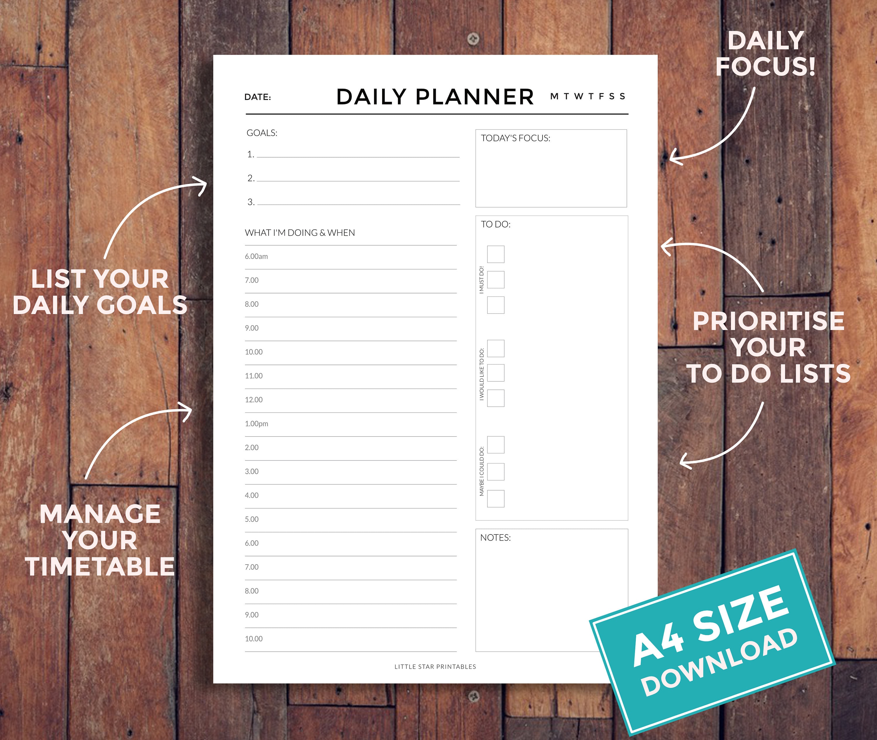 Printable Daily Planner With Times to Do Lists and Notes | Etsy
