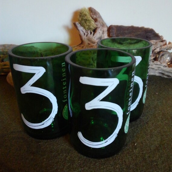 Set of 3 Green Glass W/ White Emblazoned 3 - Etsy
