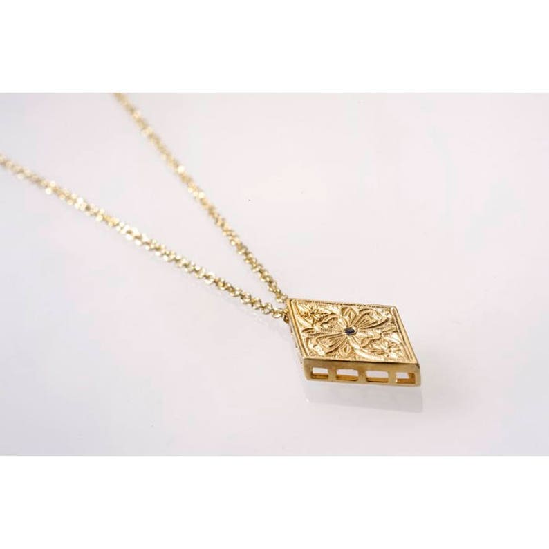 Engraved Floral Rhombus Solid Gold Pendant Necklace - Etsy UK