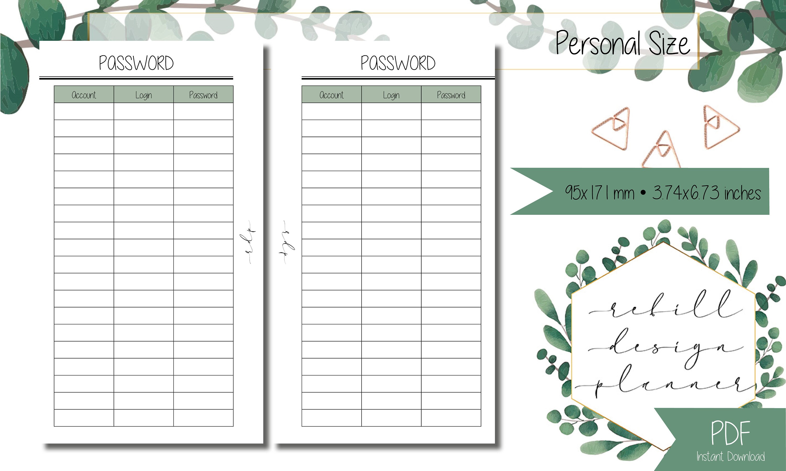 PRINTABLE Personal Size Password Planner Password Tracker Password ...