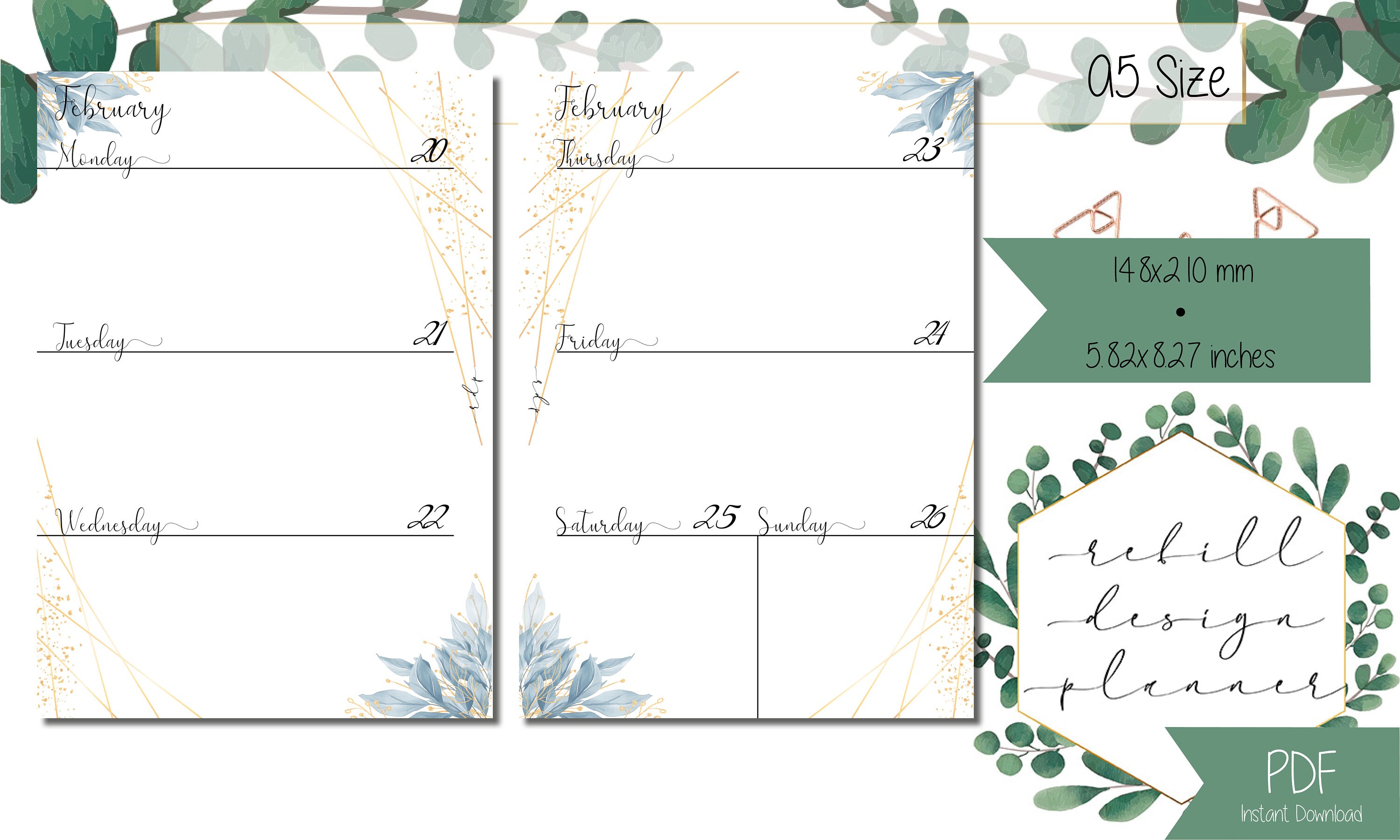 PRINTABLE A5 Size Weekly Planner Refill Horizontal Layout Week on Two ...