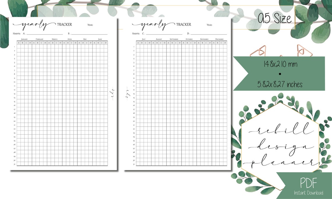 PRINTABLE A5 Size Yearly Tracker Sheet A5 Printable Planner Inserts ...