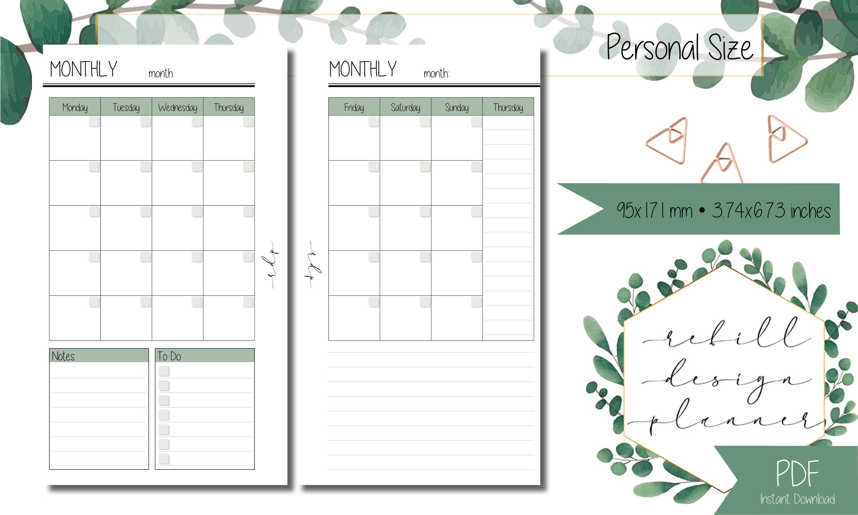 PRINTABLE Personal Size Monthly Planner Month on Two Pages Monthly ...