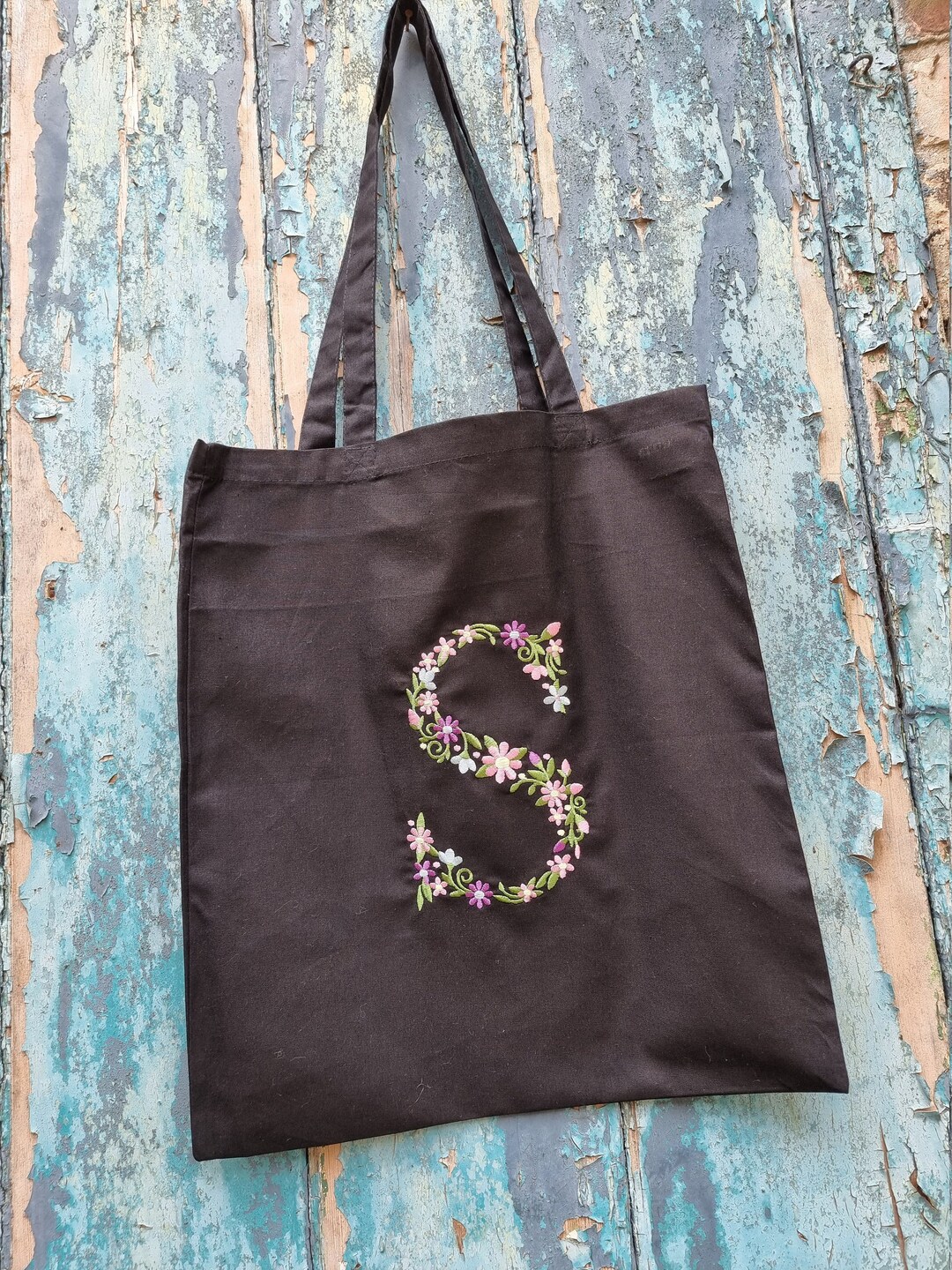 Personalised Floral Initial Embroidered Tote Bag: Custom Cotton Canvas ...