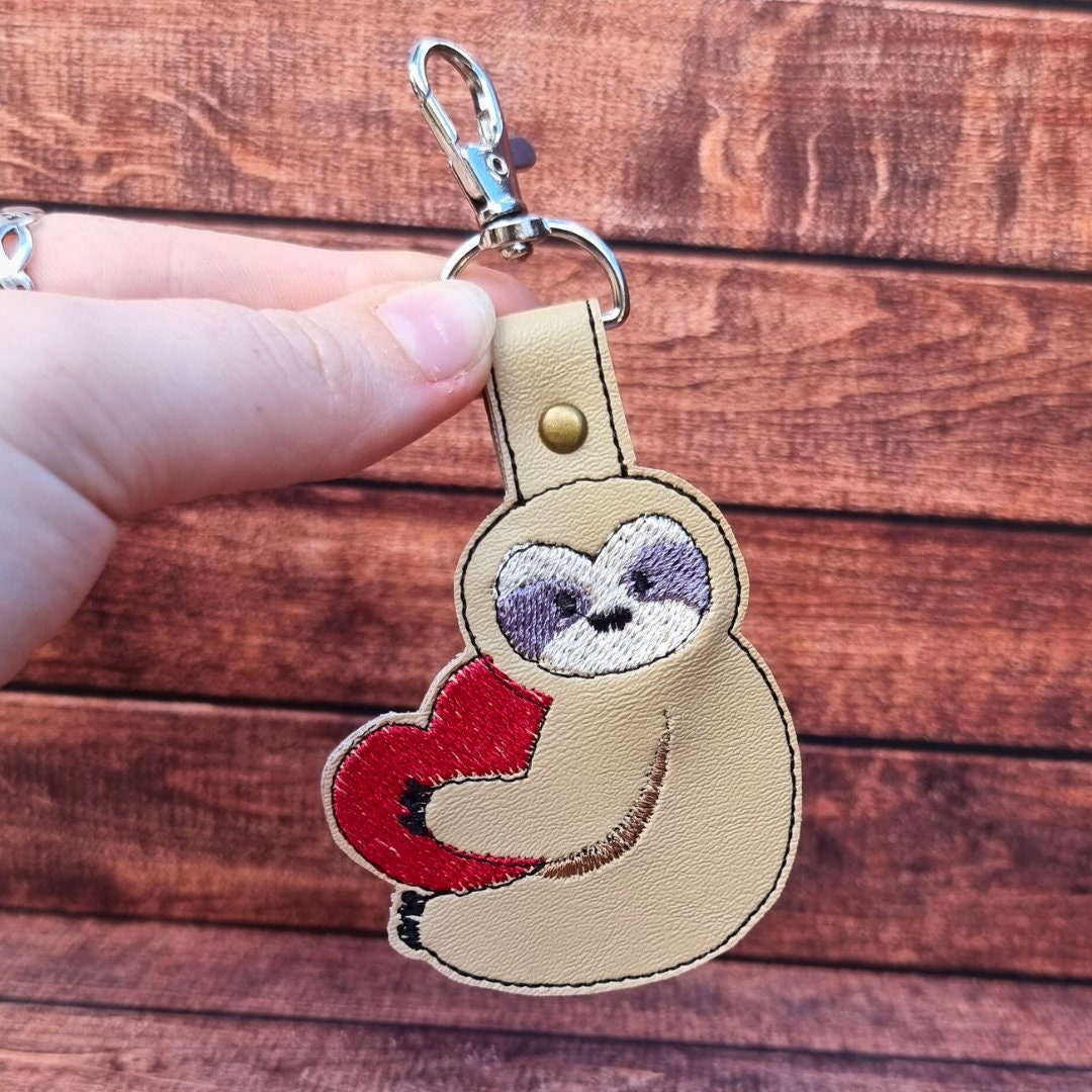 Embroidered Sloth Keychain: Faux Leather Vinyl Animal Bag Tag - Etsy