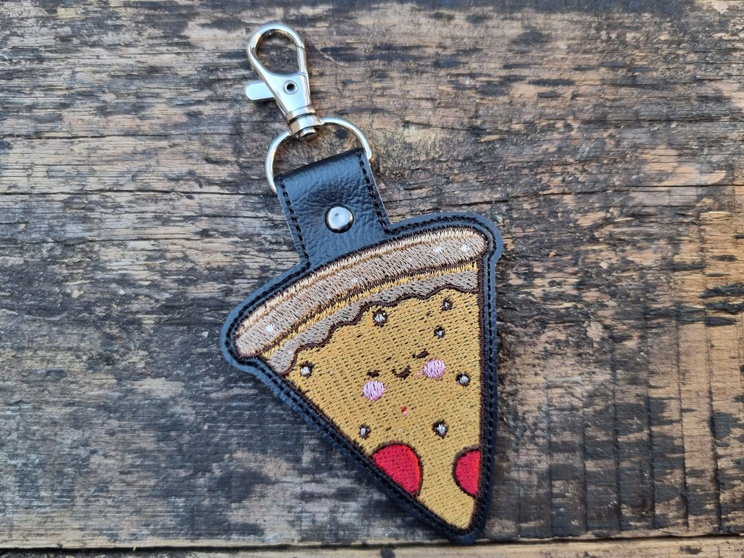 Cute Pizza Keychain Kawaii Pizza Slice Embroidered Keyring Black Faux ...
