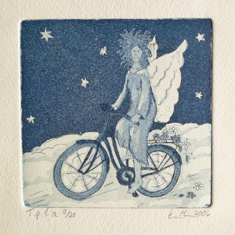 Biking Angel Etching Print - Etsy