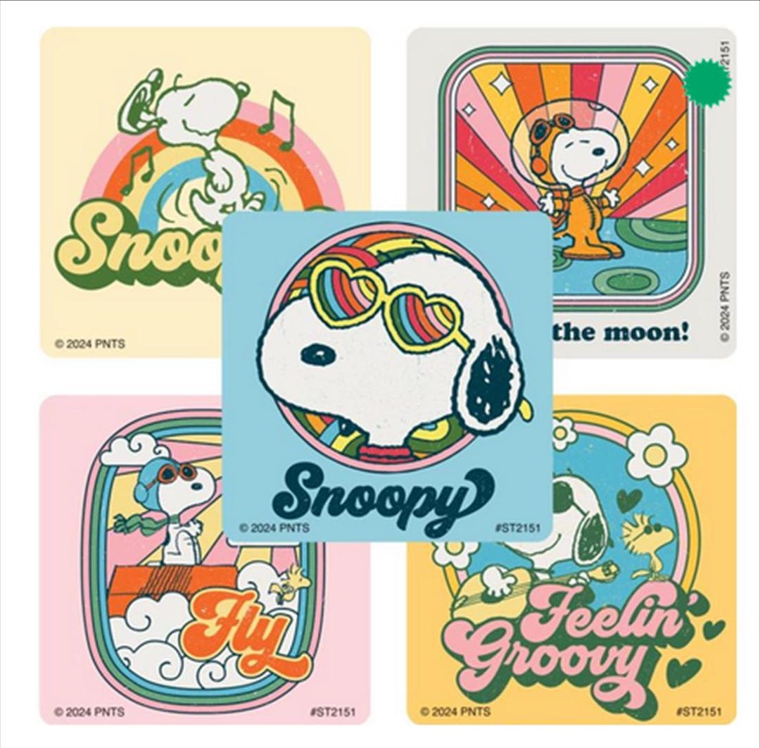 25 (licensed) Peanuts Snoopy Retro Stickers, 2.5" X 2.5" Each, Party ...