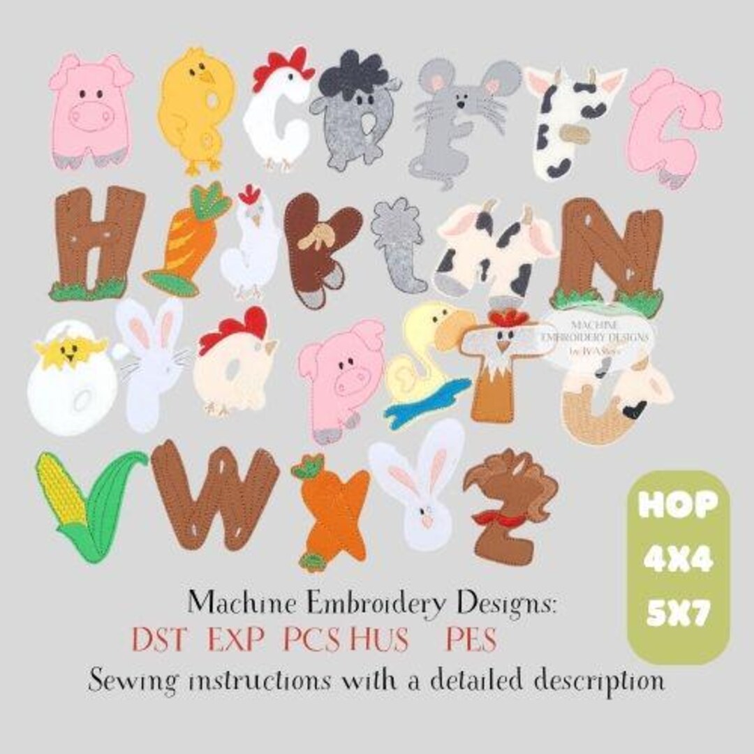 Farm Animal Alphabet ITH Embroidery Design Set (A-Z), Felt Letters ...