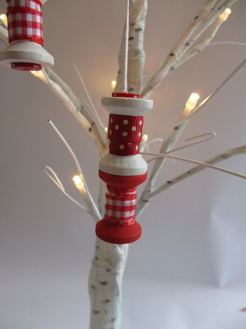 Bobbin tree decorations red and white decoration handmade | Etsy