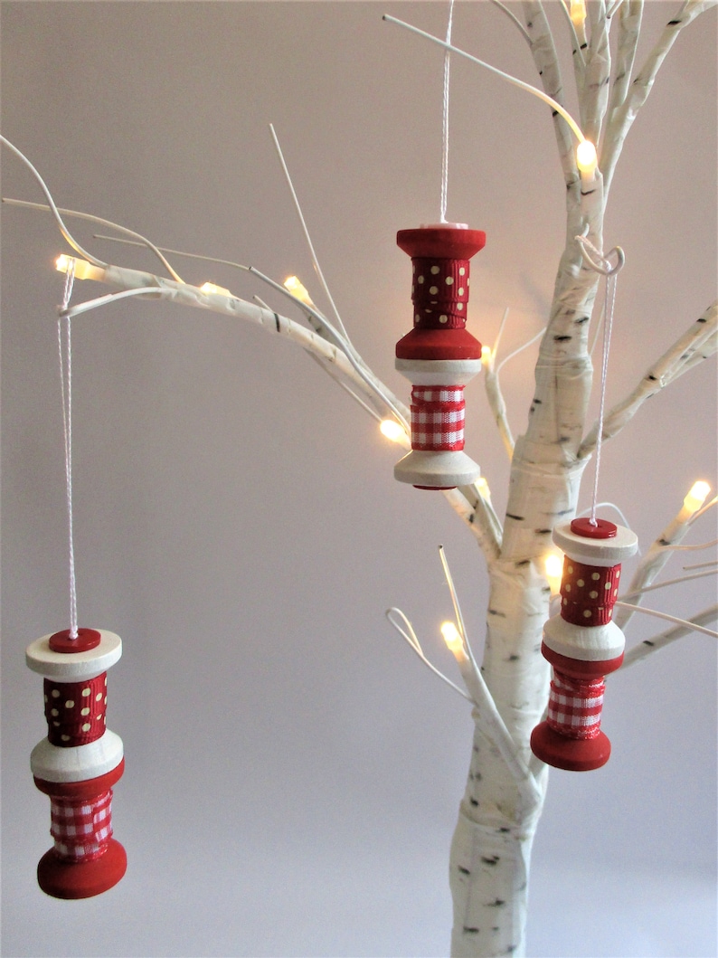 Bobbin tree decorations red and white decoration handmade | Etsy