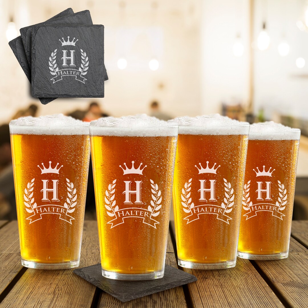 Personalized Beer Glass Set: Engraved Pint Glasses With Crown & Leaf ...