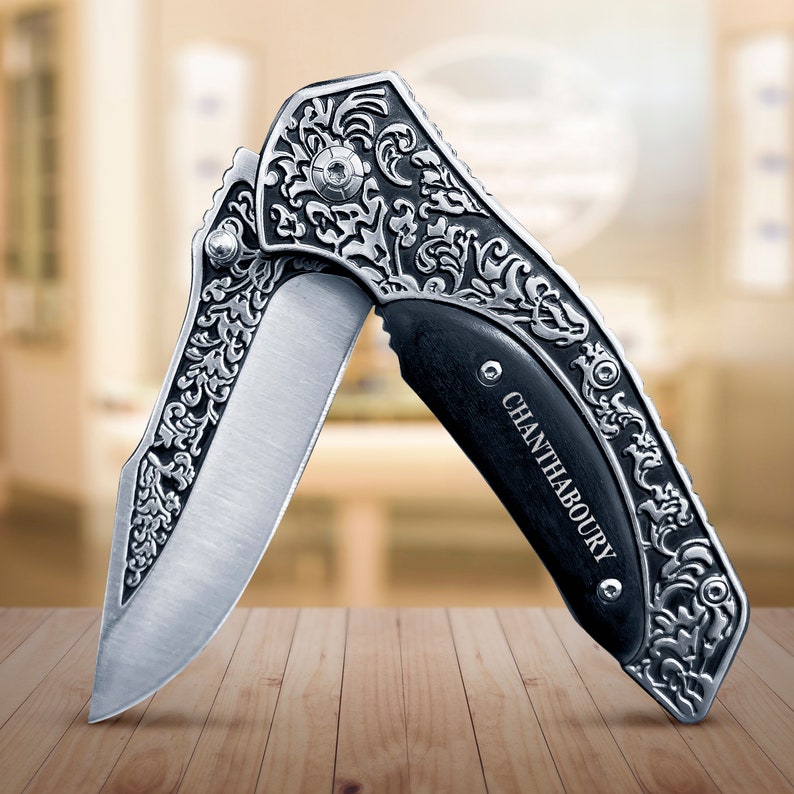 Personalized Pocket Knife With Black Wooden Box Engraved, Folding ...