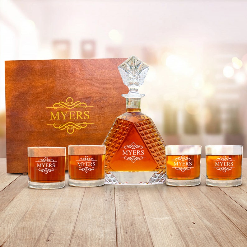 Personalized Decanter Set With Whiskey Glasses, Classy Triangle ...