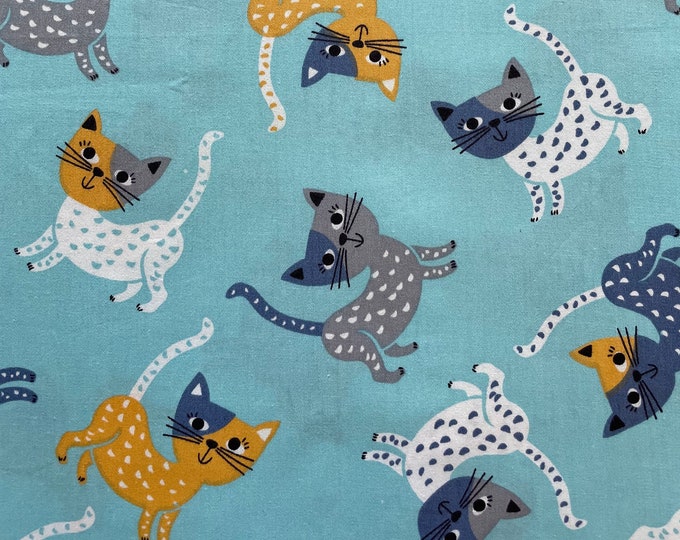 Cat Fabric, Turquoise Blue Animal Fabric, Cat Pattern Fabric, Fabric by ...
