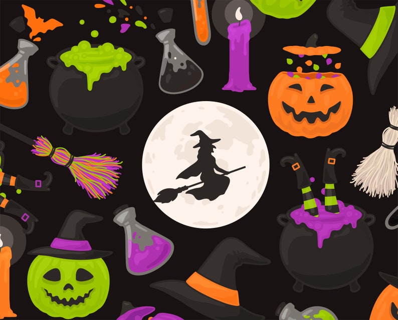 Halloween Witch Clipart – Spooky Cauldron, Broom, Pumpkin (PNG ...