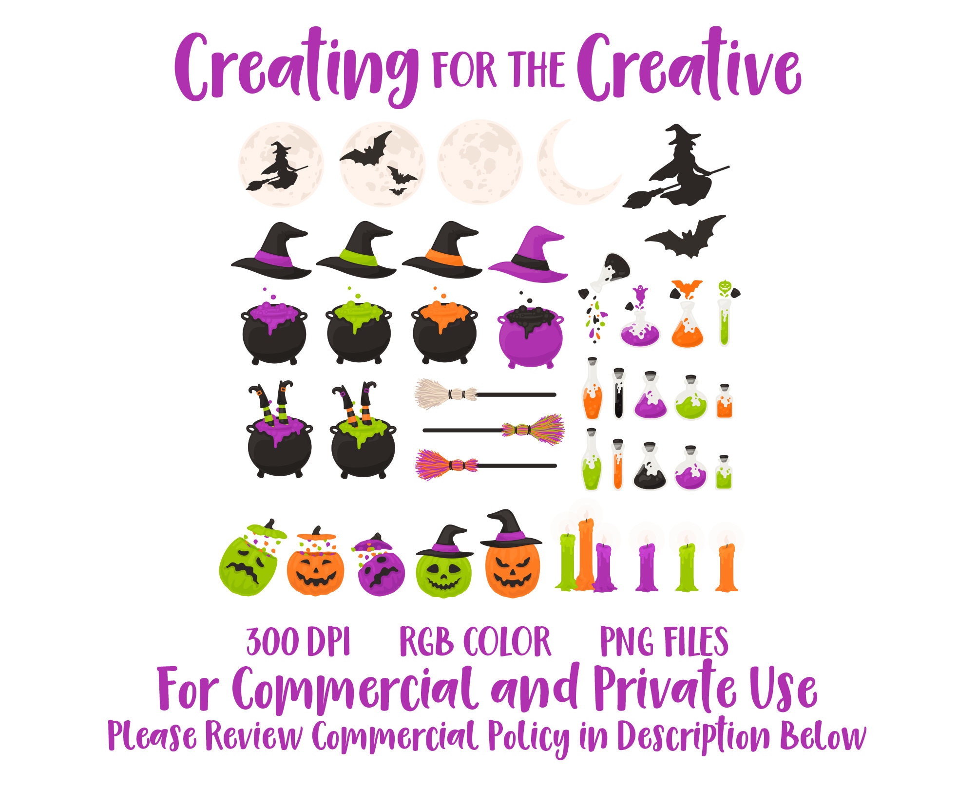 Halloween Witch Clipart – Spooky Cauldron, Broom, Pumpkin (PNG ...