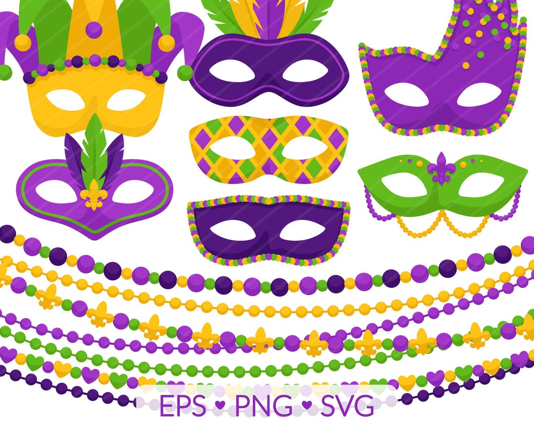 Mardi Gras Mask & Bead Clipart - SVG, PNG, EPS Images - Carnival New ...
