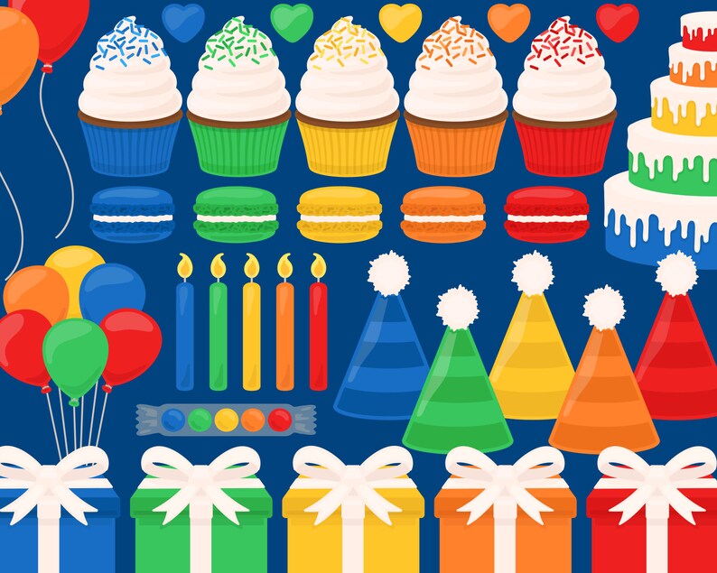 Rainbow Birthday Clipart Party Cupcake Clip Art Present - Etsy