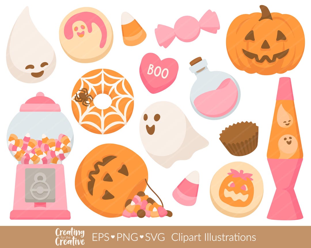 Cute Pink Halloween Clipart - Pink Orange Halloween Aesthetic, Girly ...