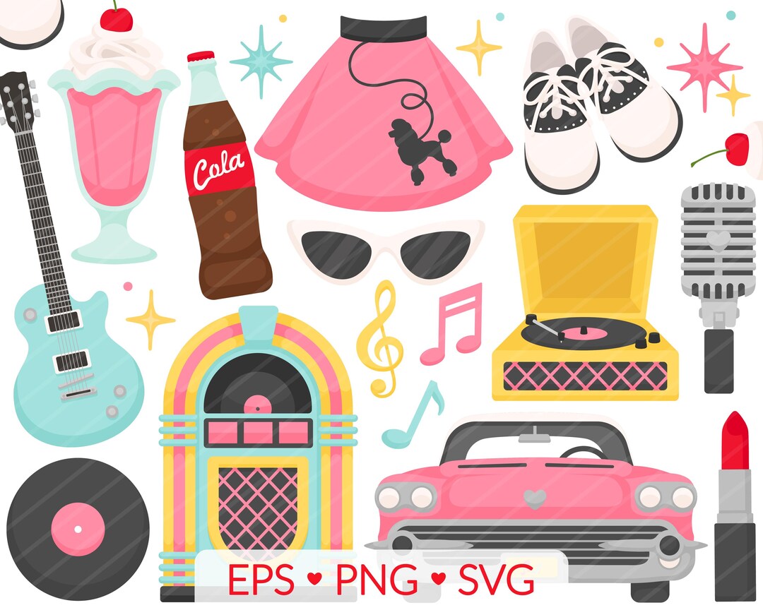Sock Hop Clipart – 50s Retro Poodle Skirt, Jukebox, Record Player (SVG ...