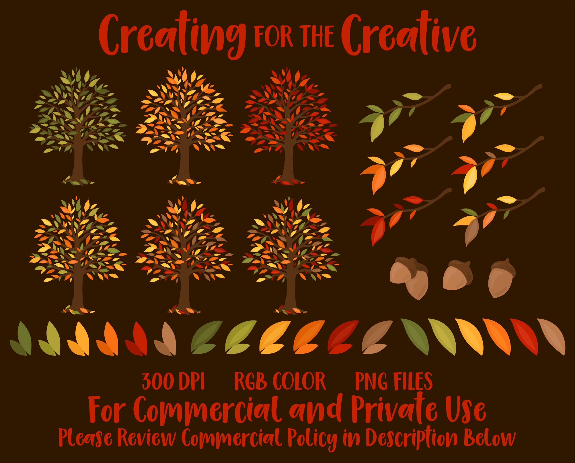 Colorful Autumn Fall Tree Clipart Acorn Forest Thanksgiving | Etsy