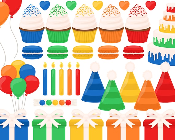 Rainbow Birthday Clipart Party Cupcake Clip Art Present - Etsy