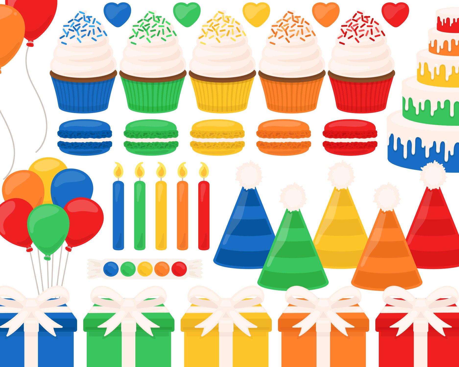 Rainbow Birthday Clipart Party Cupcake Clip Art Present | Etsy