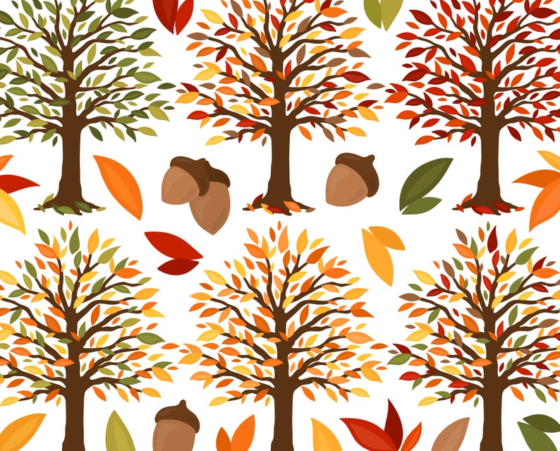 Colorful Autumn Fall Tree Clipart Acorn Forest Thanksgiving | Etsy