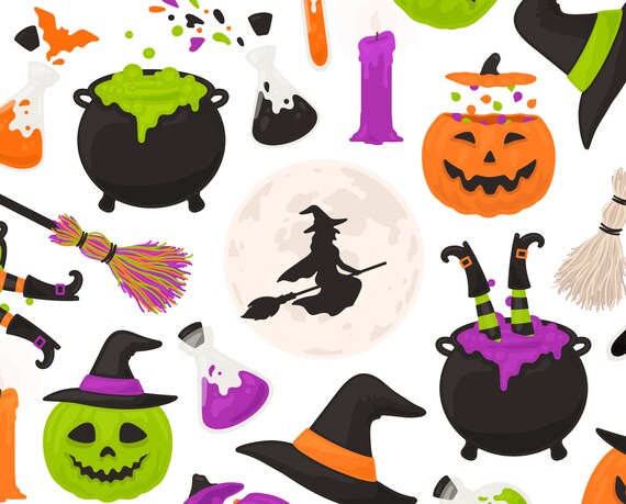 Witch Halloween PNG Clipart Cauldron Pumpkin Broom Pumpkin - Etsy Finland