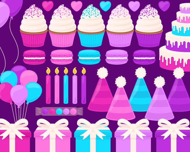 Pink & Purple Birthday Clip Art Balloon Party Clipart - Etsy