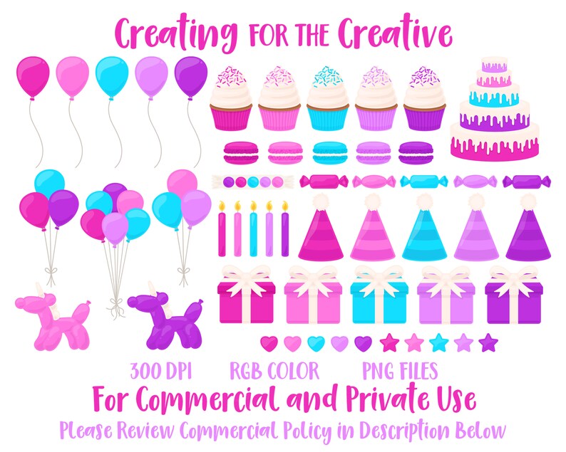 Pink & Purple Birthday Clip Art Balloon Party Clipart - Etsy