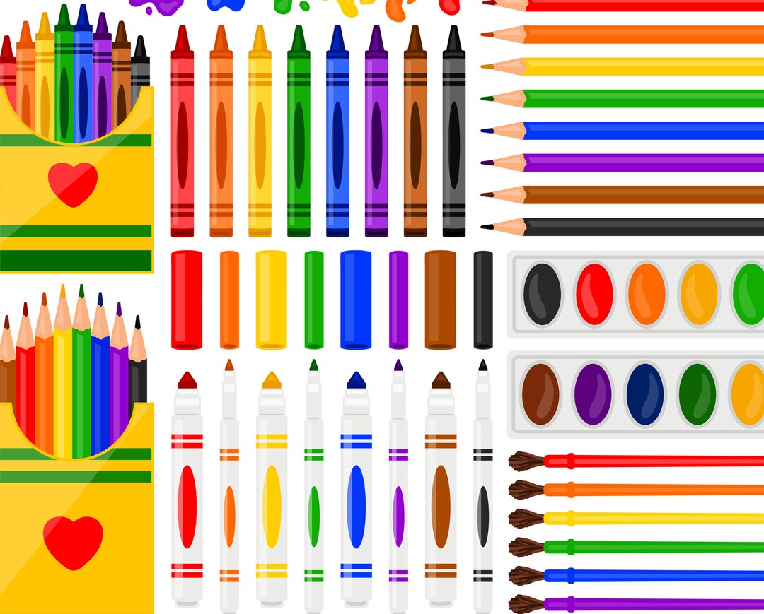 Kiddie Art Supplies Clipart - Crayon Marker Paint Children's Back to ...