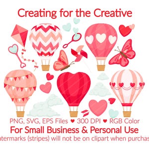 Valentine Hot Air Balloon Clipart – Valentine's Day Hearts, Clouds ...