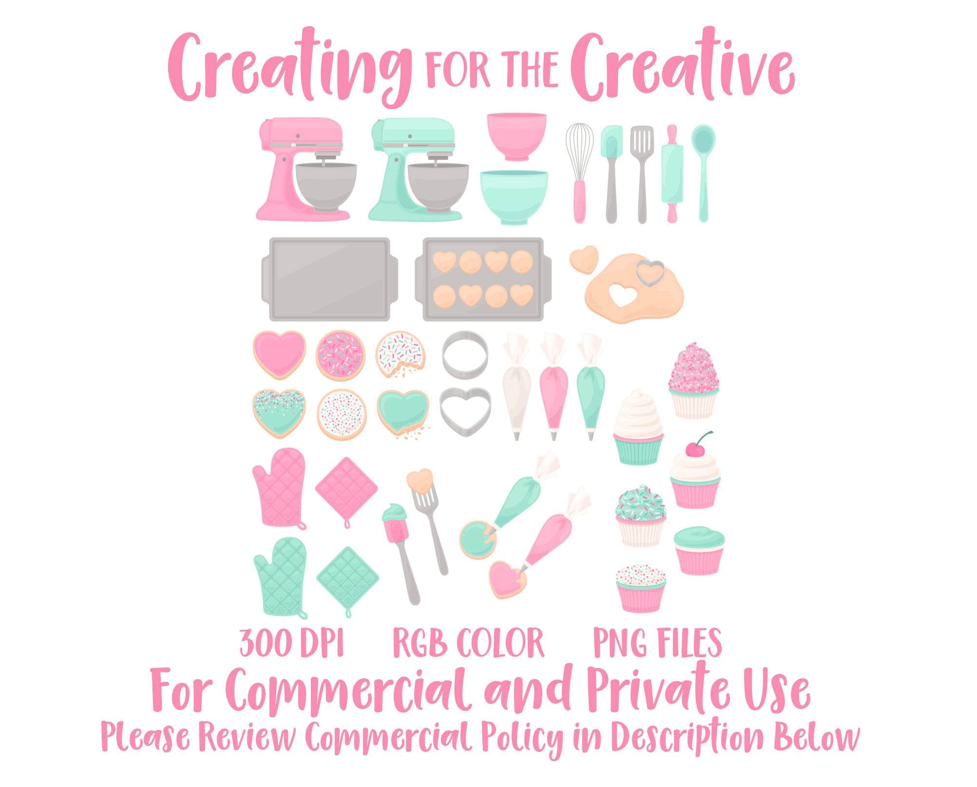 Aqua & Pink Cookie Baking Clipart - Mixer Frosting Icing Spatula Whisk ...