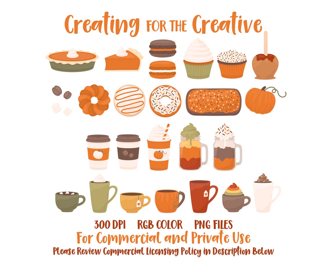 Autumn Desserts and Drinks Clipart Fall Clipart Pumpkin | Etsy