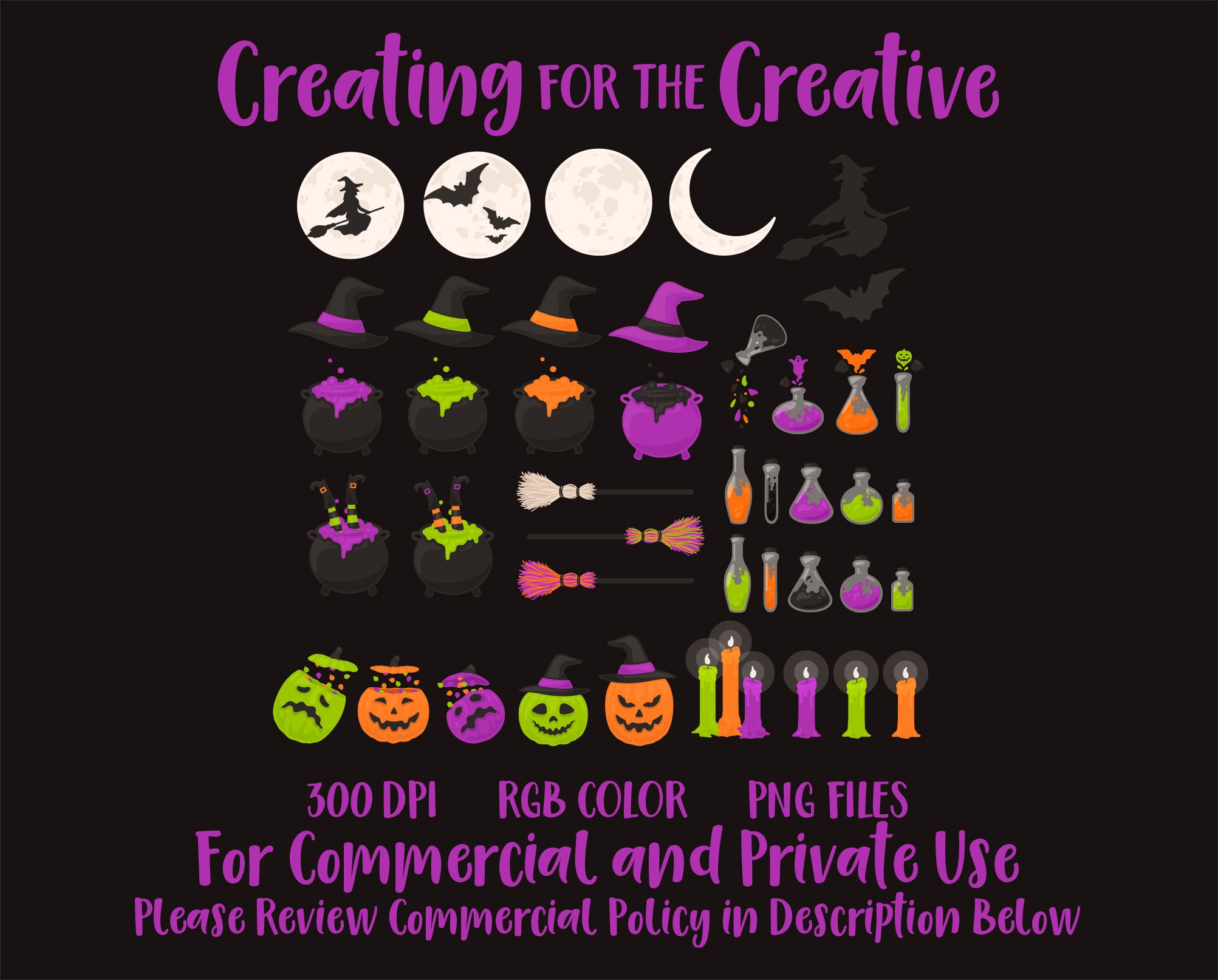 Halloween Witch Clipart – Spooky Cauldron, Broom, Pumpkin (PNG ...