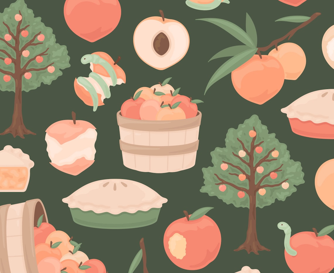 Peach Orchard Clipart Set, Pie, Wreath, and Worm Illustrations (digital ...