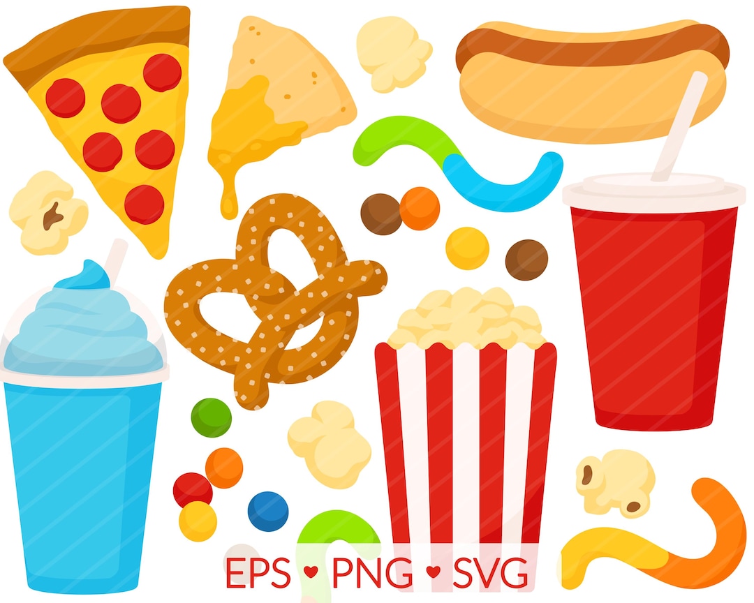 Movie Theater Food Clipart – SVG, PNG, EPS - Popcorn, Pizza, Slushie ...