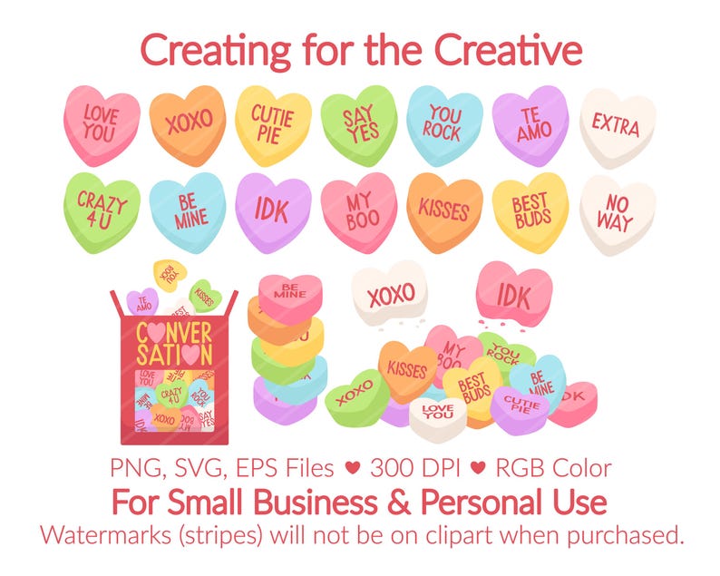 Conversation Heart Clipart – Valentine's Day Candy Graphics (PNG, SVG ...