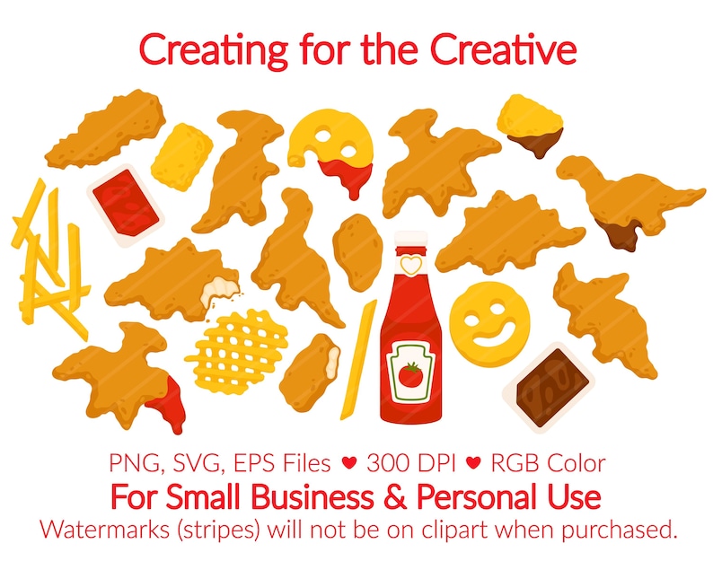 Chicken Nugget Clipart – Dinosaur, Smiley Fry, Ketchup (SVG, PNG, EPS ...