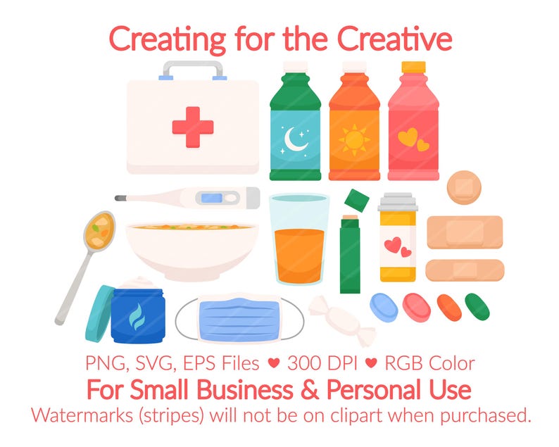 Sick Day Clipart Set – Medicine, Bandaids, Thermometer (PNG, SVG, EPS ...