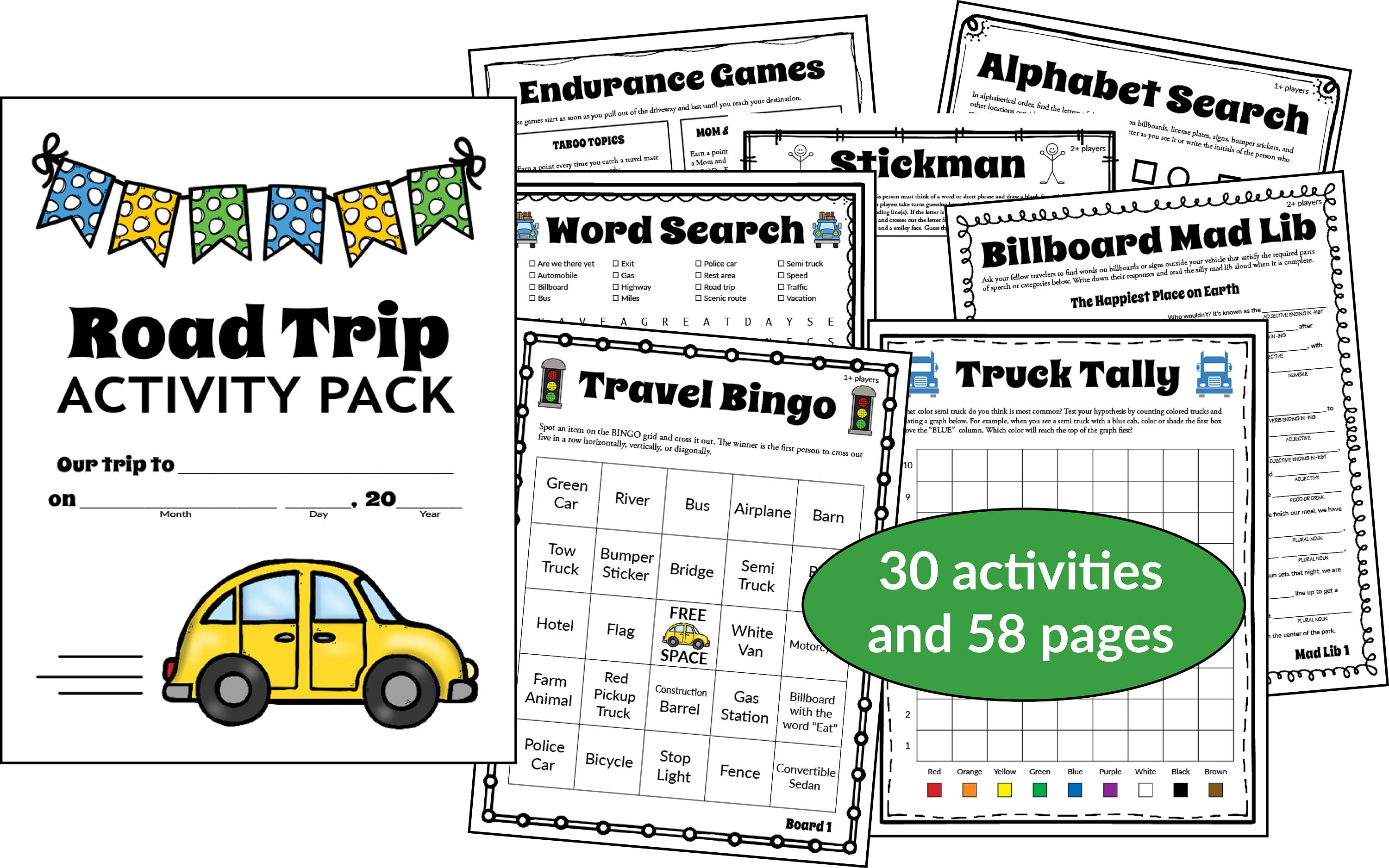 Road Trip Activity Pack - Car Games - Kids' Travel Journal - Car Bingo ...