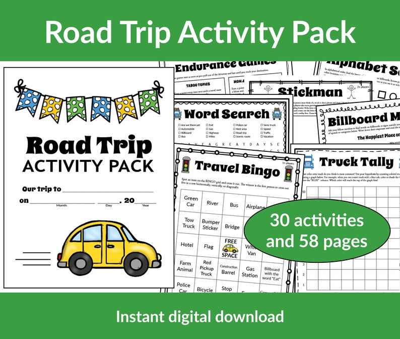 Road Trip Activity Pack - Car Games - Kids' Travel Journal - Car Bingo ...