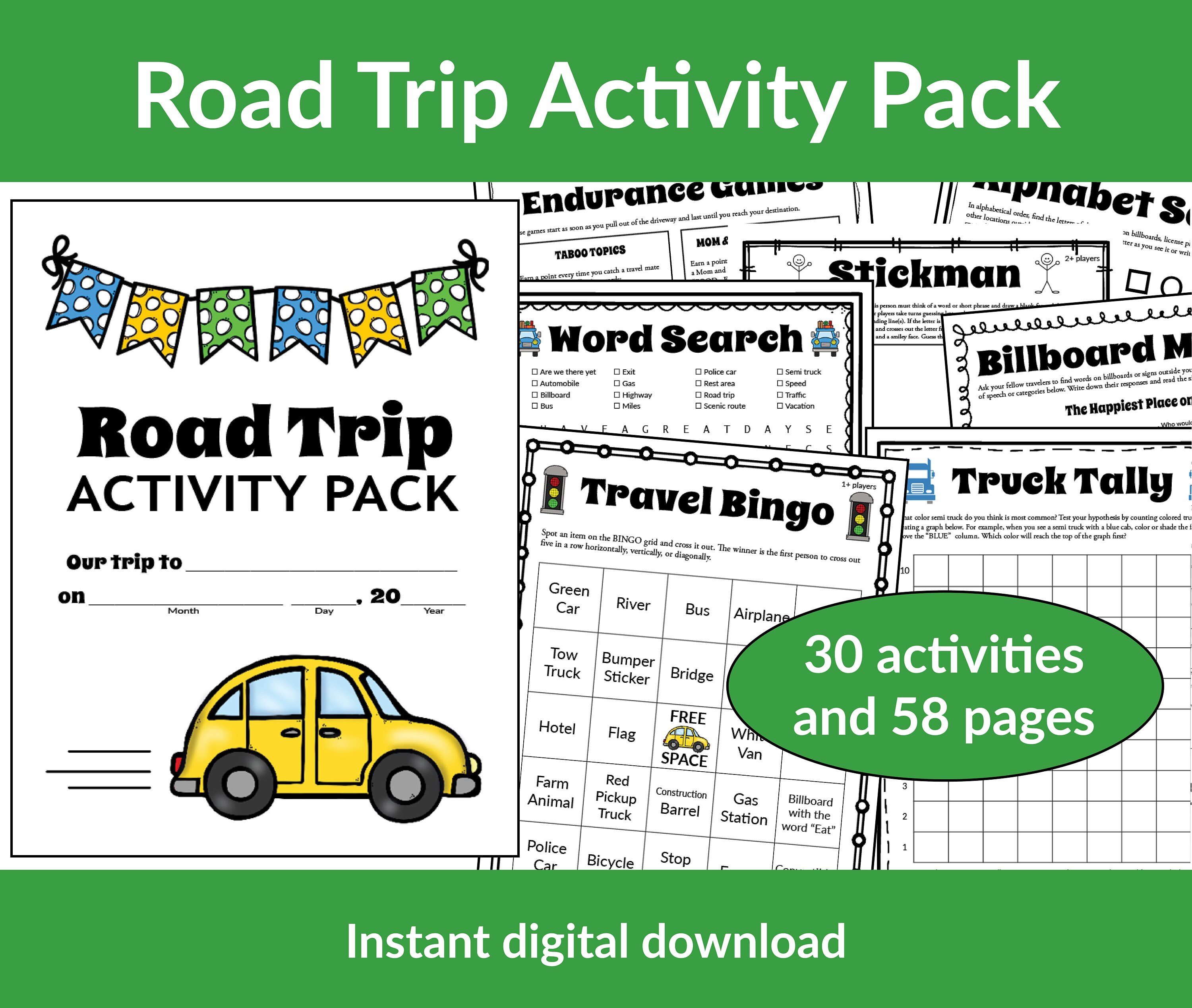 Road Trip Activity Pack - Car Games - Kids' Travel Journal - Car Bingo ...