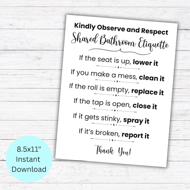 Printable Bathroom Etiquette Sign, Shared Restroom Guide Letter Size ...